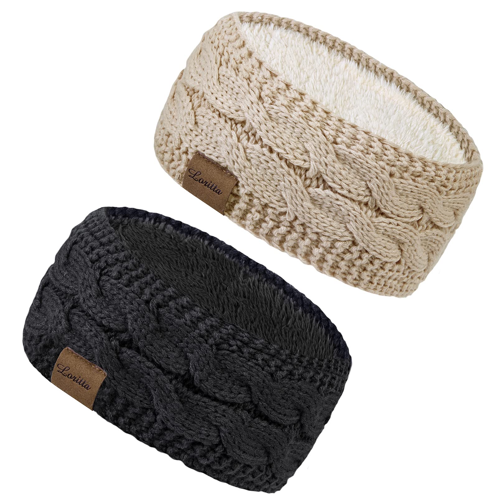 Loritta 2 Pack Headbands for Women Winter Warm Cable Knit Ear Warmer Thick Head Wrap Fuzzy Fleece Lined Gifts, F Beige+Black