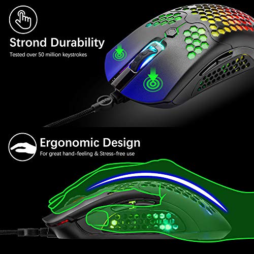 Lightweight Wired Gaming Mouse, 26 RGB Backlit Mice & 7 Buttons Programmable Driver ,PAW3325 12000DPI ,Ultralight Honeycomb Shell Ultraweave Cable Mouse Compatible with PC Gamers and Xbox and PS4