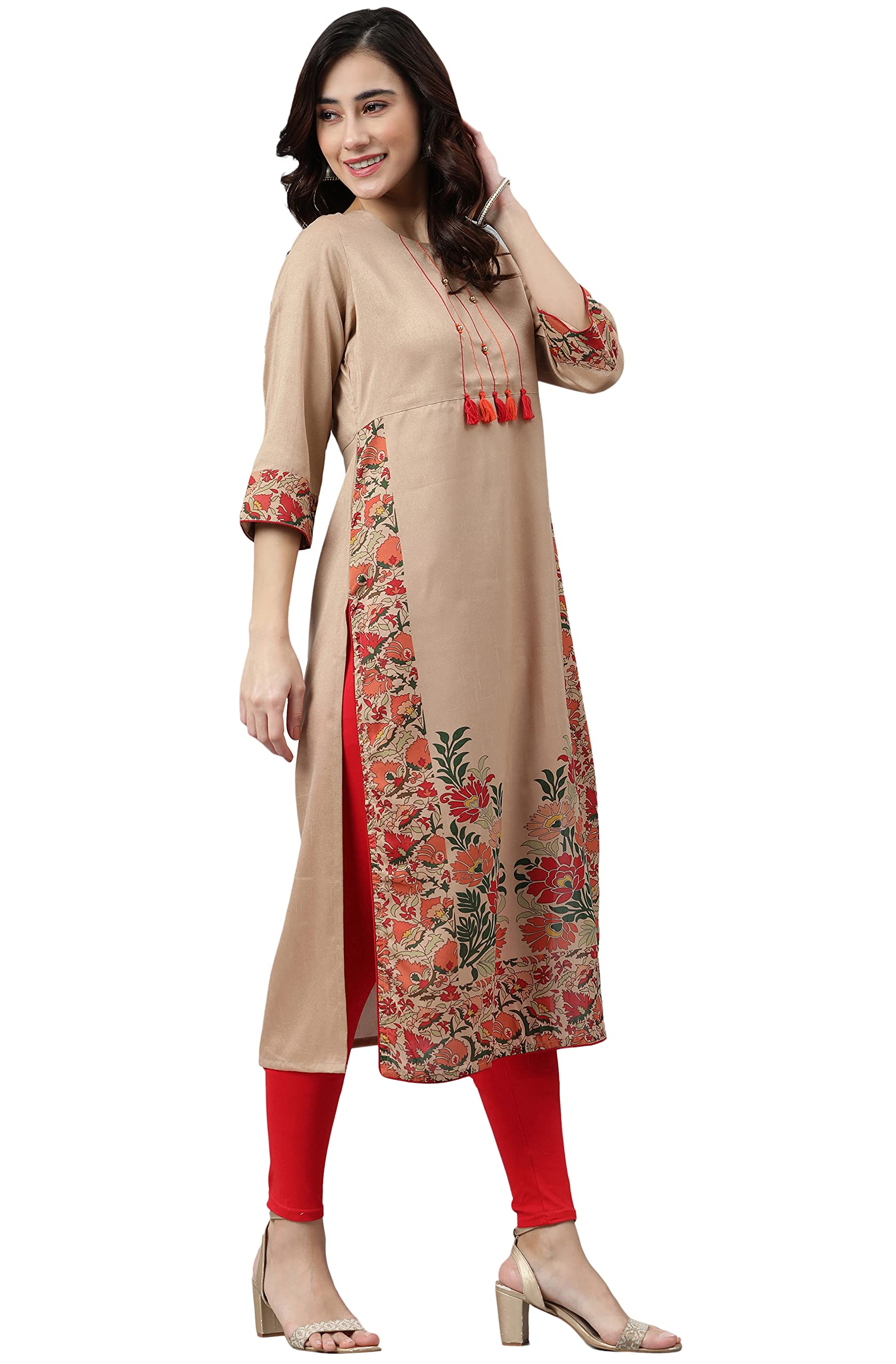 Janasya Indian Women's Tunic Tops Poly Silk Kurti for Women(JNE2305-KR-533-M) Brown