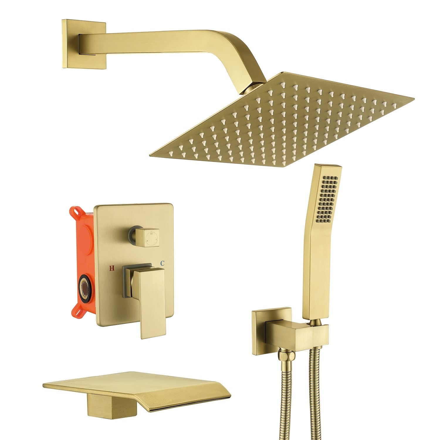 JOYWELL Brushed Nickel Bathtub and Shower Faucet set Complete,with 10 inch Shower Head and Waterfall Tub Faucet