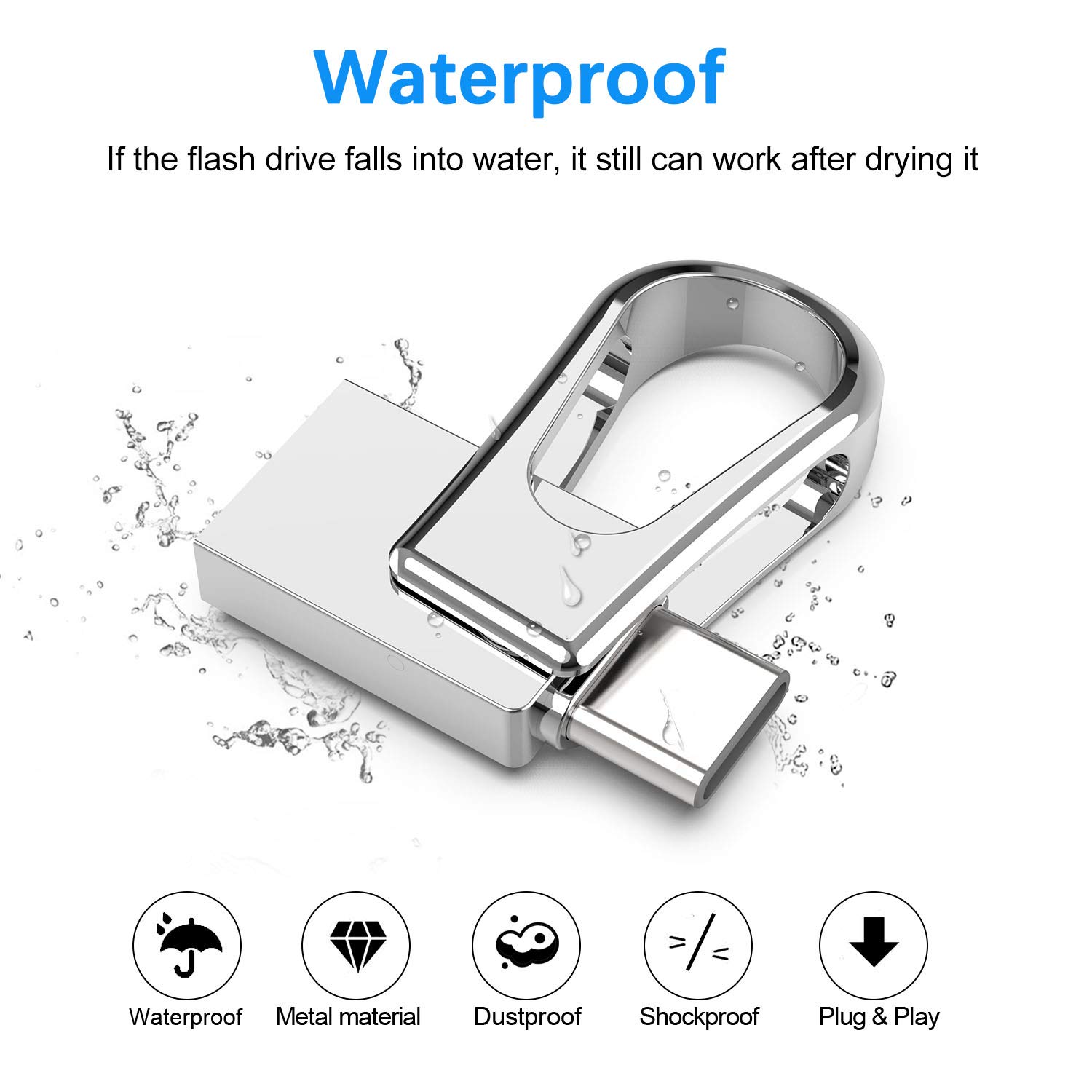 JUANWE 64GB USB Type C Flash Drive 2-in-1OTG Dual Drive USB 3.0 Type C Memory Stick USB C Flash Drive Pen Drive High Speed Waterproof Thumb Drive, Silver