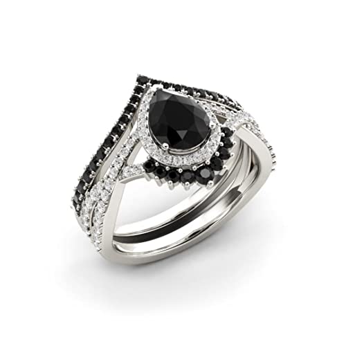 Natural Black Spinel Ring Pear Cut Wedding Engagement Ring Set, Black Spinel Ring, Rose Gold Black Stone vintage Ring, Anniversary Ring (White Gold, 9)