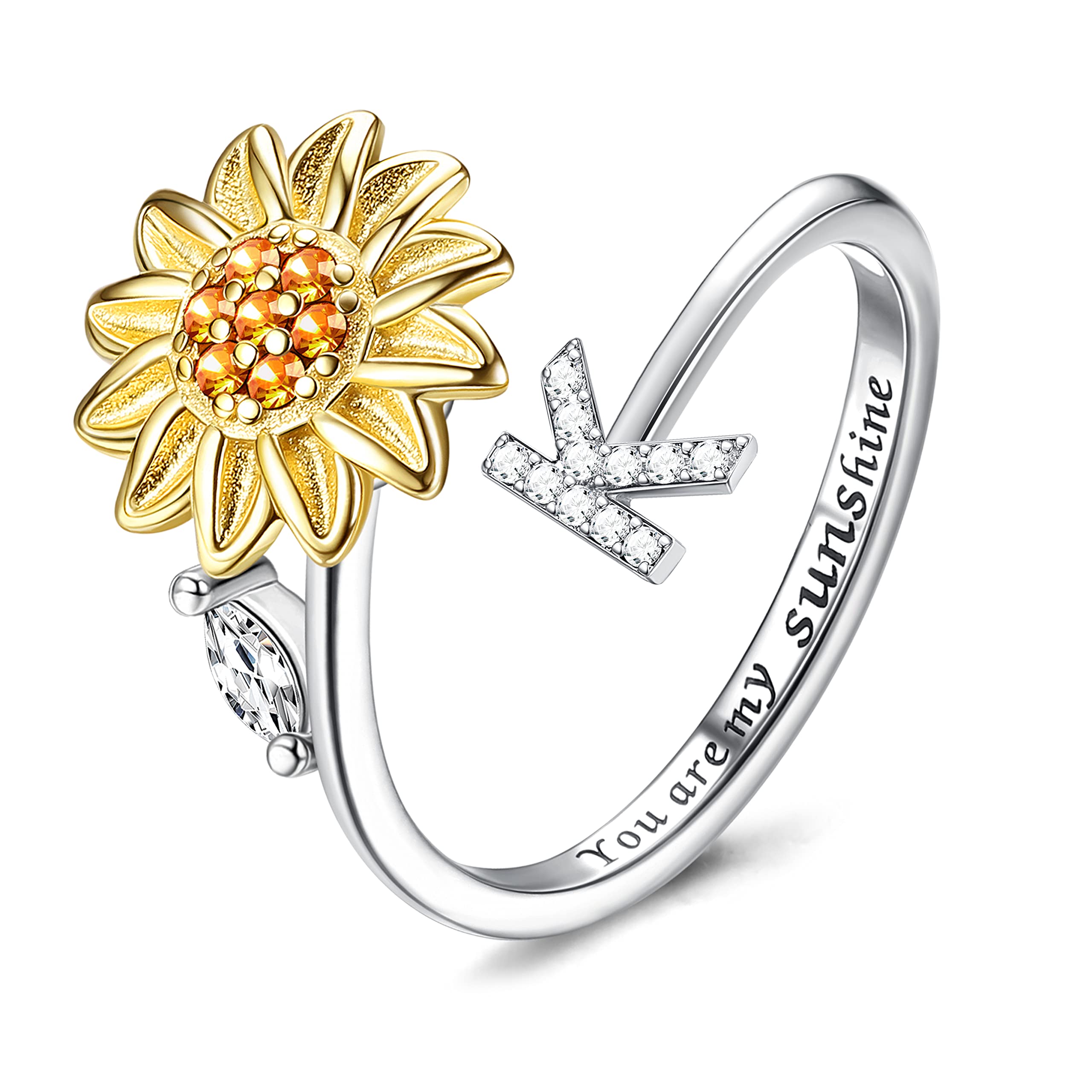 LOLIAS Fidget Anxiety for Ring Adjustable Spinner Ring Stress Relieving Ring Sterling Silver CZ Letter Engraved Ring Jewelry Gift K
