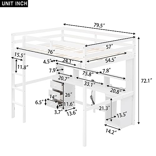 WADRI Full Size Loft Bed with Multi-Storage Desk, Wood Loft Bed Frame with LED Light and Bedside Tray, Loft Bed with Charging Station for Kids Teens Adult, Space-Saving Design
