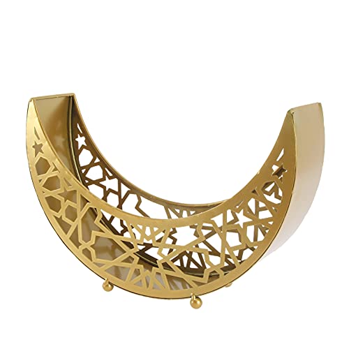 ULTNICE Ramadan Eid Plate Iron Serving Tray 3D Moon Shaped Islam Platter Candy Dish Snacks Dessert Holder Pastry Tray Dishes for Muslim Ramadan Mubarak Home Party Supplies Golden
