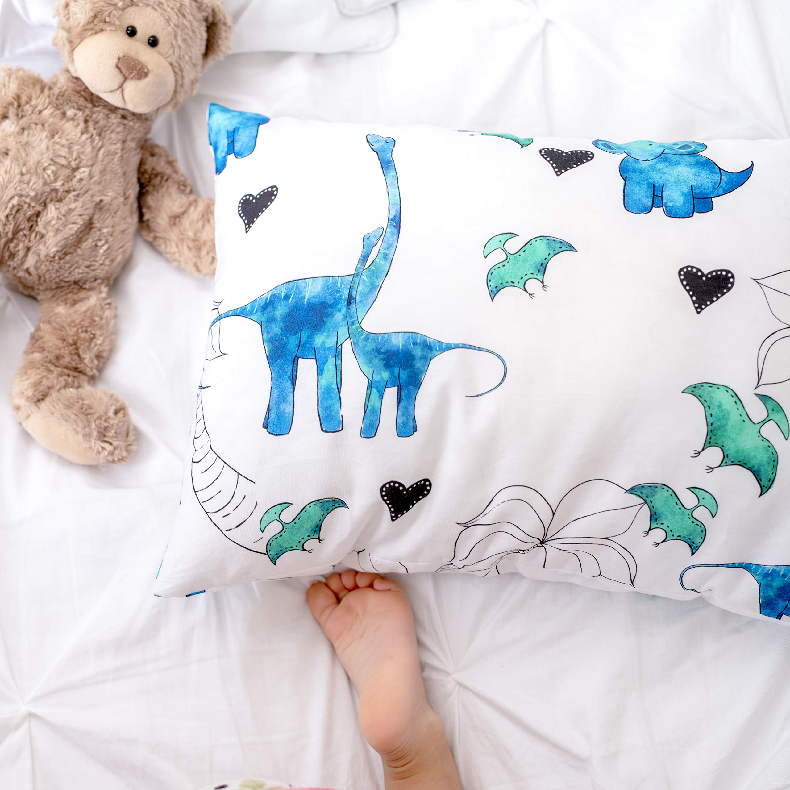 JumpOff Jo β Toddler Pillow for Kids, No Pillowcase Needed, Kids Travel Pillow, 100% Cotton Cover, Hypoallergenic, Machine Washable β 14βx19 (Dinosaur)