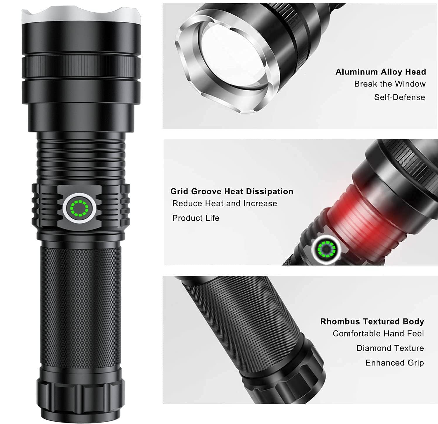 LED Rechargeable Flashlights High Lumens, 290000 Lumen Super Bright Flashlight with ΒATTERY & USB Cable, Powerful Handheld Waterproof flashlights with 4 Modes for Home/Camping/Emerge∩cy/Reading