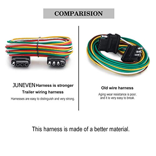 juneven 6ft 4 Wire 4-Flat Trailer Light Wiring Harness Kit 4 Way Trailer Wire Extension & Wishbone-Style with 18 Gauge White Ground Wire SAE J1128 Rated