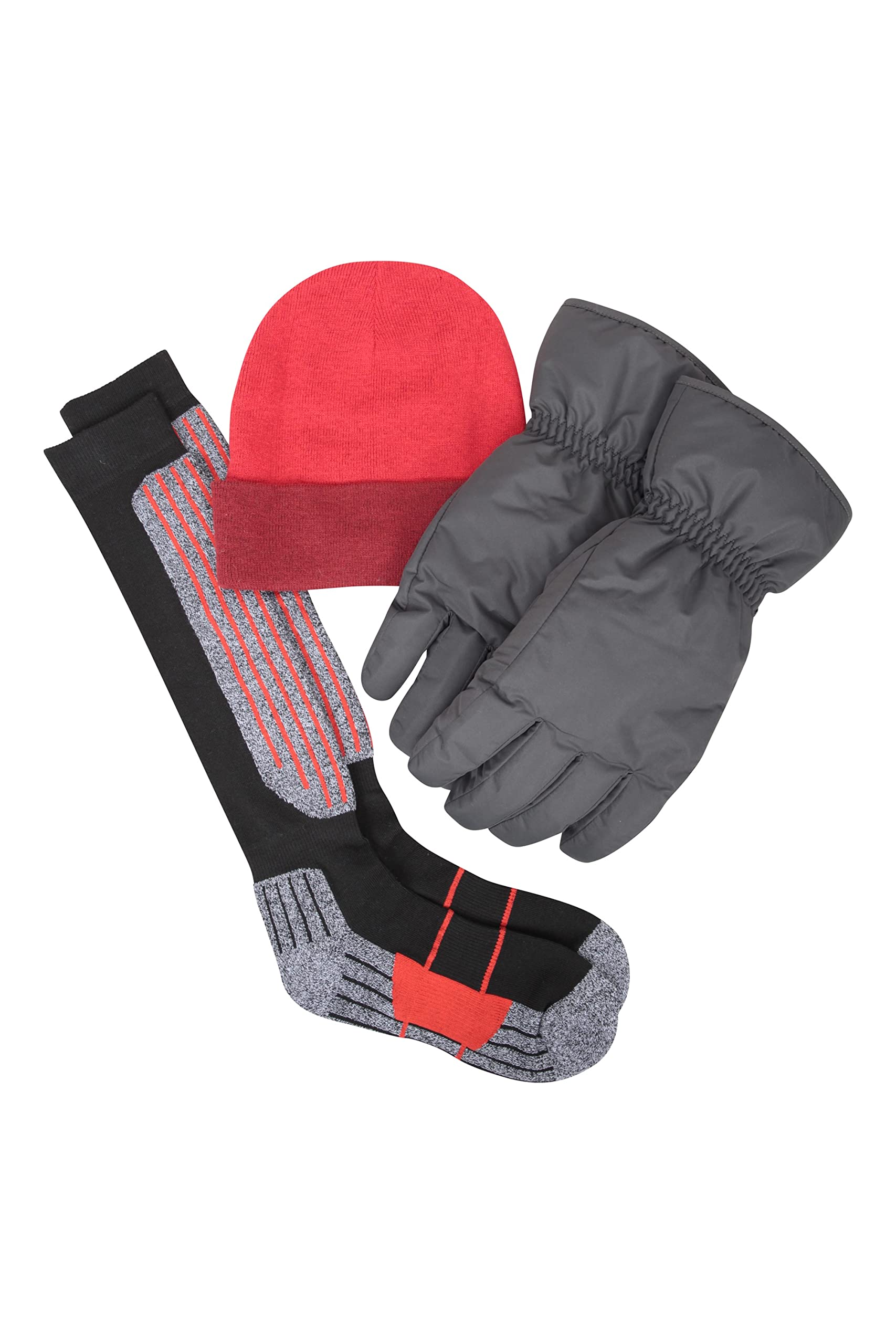 Mountain Warehouse Mens Winters Ski Accessories Set - Waterproof Gloves, Reversible Beanie, Socks Red X-Large