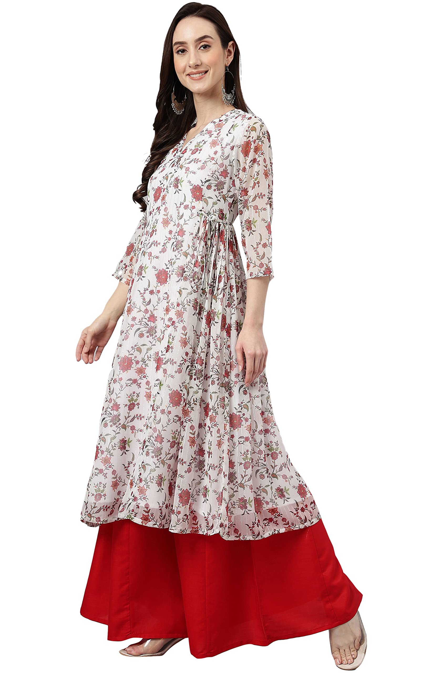 Janasya Indian Women's White Chiffon Lurex Floral Printed flared Kurta