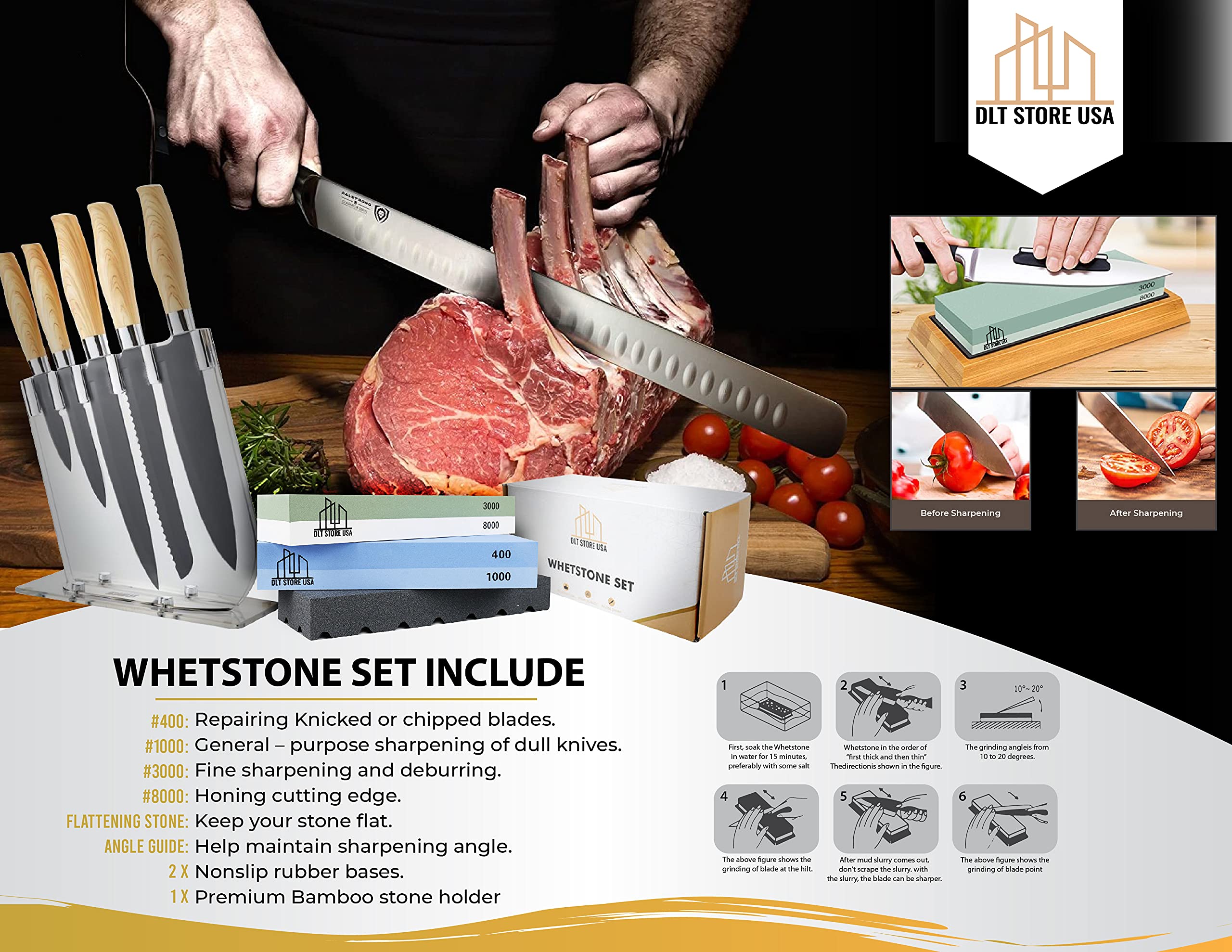 Knife Sharpening Stone Kit, DLT Store USA Professional Whetstone Sharpener Stone Set, Premium 2 Side Grit 400/1000 3000/8000 Water Stone, Flattening Stone, Non Slip Bamboo Base & Angle Guide