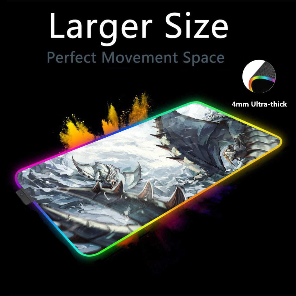 Mouse Pads Monster Hunter Game RGB Gaming Mouse Mat Large LED Colorful Luminous Anti-Slip Rubber Base Computer Pc Keyboard Carpet 31.5 inch X 11.8 inch X0.16 inch