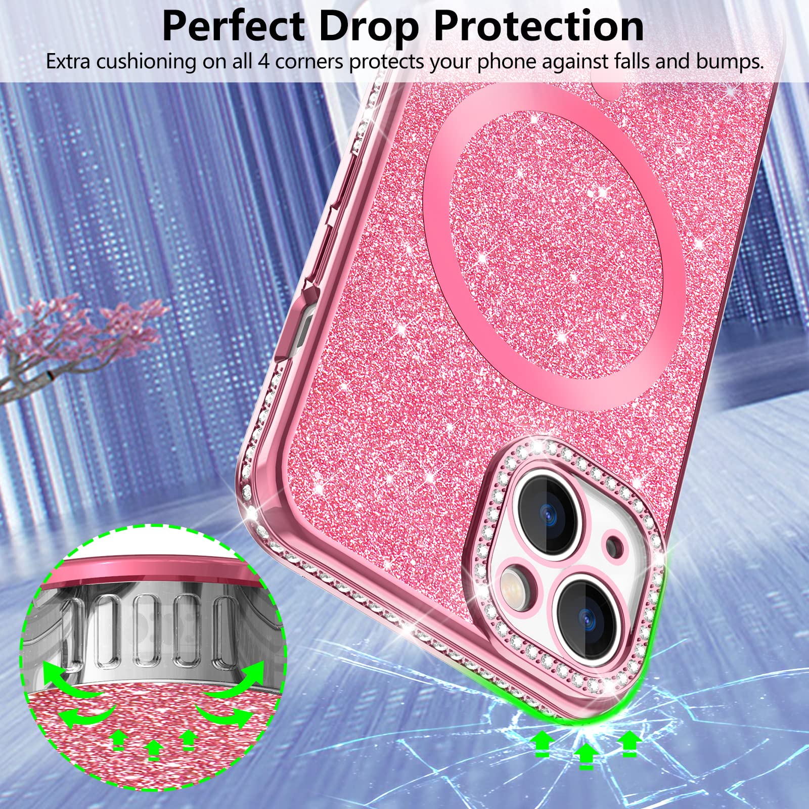 oleevee Glitter Magnetic Case for iPhone 13 Case, with Wrist Strap, Diamond Camera Cover, Sparkle Shockproof Protective iPhone 13 Case 6.1 inch for Women Girls, Pink