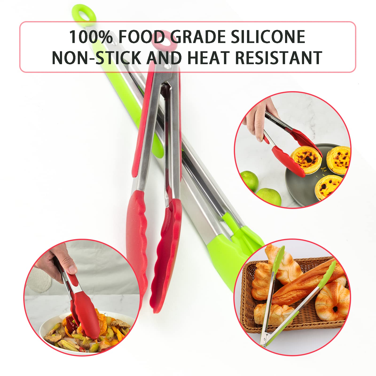 KAIXIR 2 Pack Kitchen Tongs with Silicone Tips and Pads, 9-Inch and 12-Inch Non-Stick Stainless Steel Locking Kitchen Tongs, Kitchen Utensils Silicone Tongs Set for Cooking, BBQ and Serving