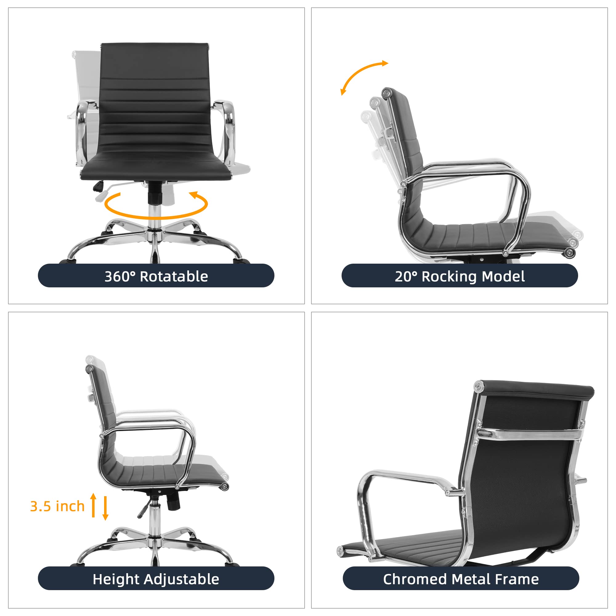 LANDSUN Home Office Chair Mid Back PU Leather Ribbed Swivel Tilt Adjustable Computer Desk Chair with Armrest Executive Conference Black