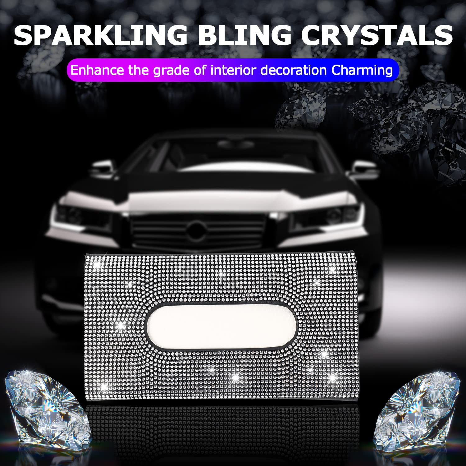 Kodagia Car Sun Visor Tissue Box, Sparkly PU Leather Holder for Sun Visor, Crystals Bling Napkin Holder Paper Towel Cover Case Mask Holder with Glitter Mask Hook Clip, Gift