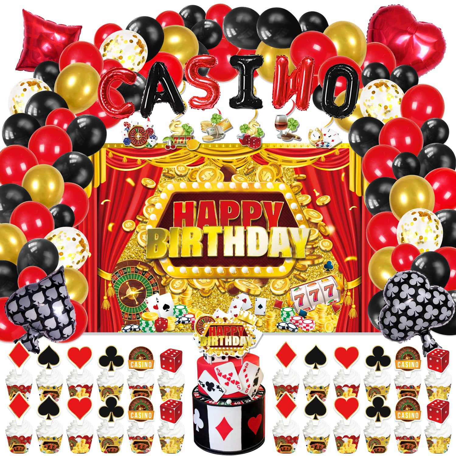 LXlucktim Casino Theme Birthday Party Decorations, 144 Pcs Las Vegas Party Decor Supplies - Backdrop, Cake, and Cupcake Toppers, Balloons, Hanging Swirls, Cupcakes Wrappers