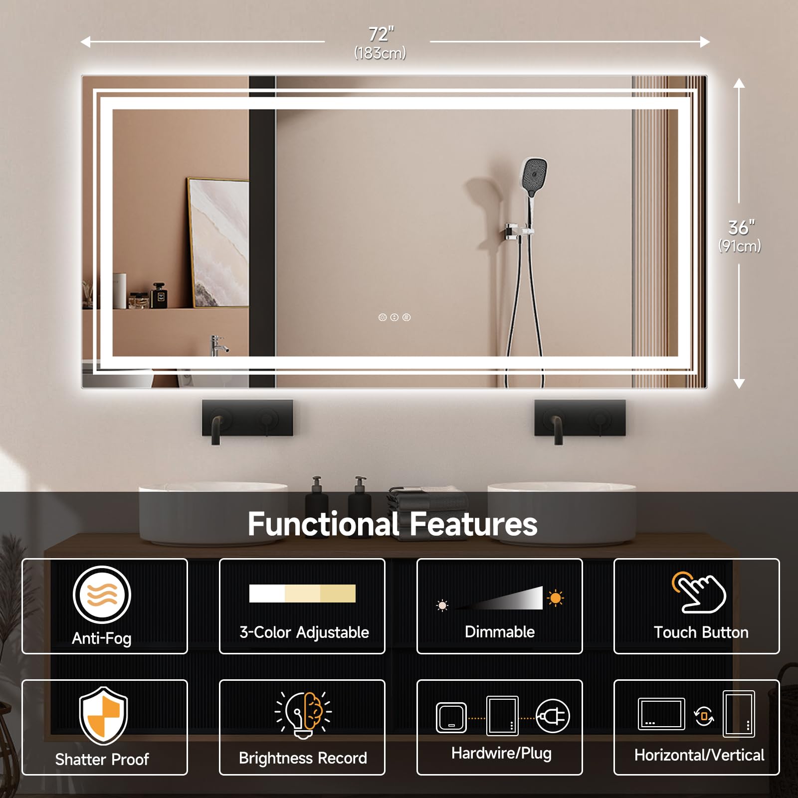 KIURENGT LED Bathroom Mirror 36 * 28" Anti-Fog Wall Mounted Bathroom Mirror, Bathroom Vanity Mirror with Lights with 3 Colors Dimmable, Shatter-Proof, Tempered Glass