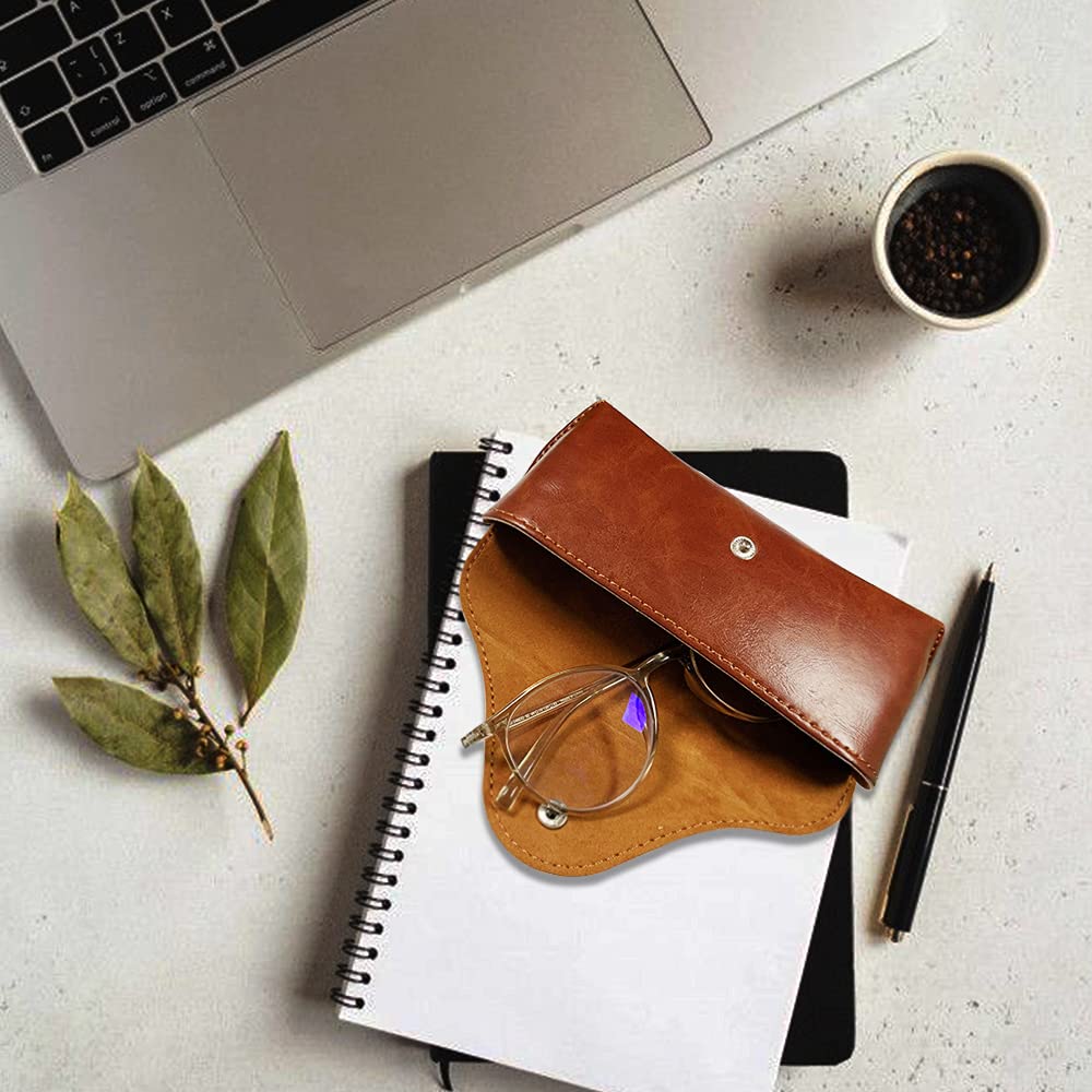 LogHog Portable Leather Glasses Case,Mother's Day Gifts Durable Soft Sunglasses Pouch Slim Case for Women Men Horizontal Eyeglass Case (Button - Brown)