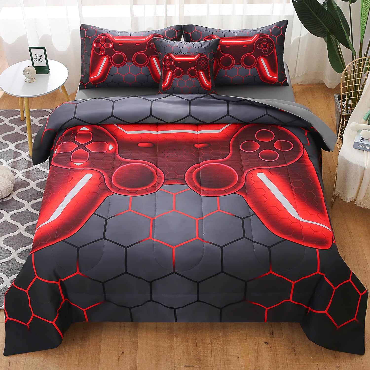 JQinHome Full Gamer Comforter Set for Boys Girls Kids,6 Piece Bed in A Bag 3D Video Game Bedding -All Season Soft Microfiber Down Alternative Comforter Gamer Bedding Sets with Sheets (Red)