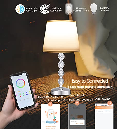 Unfusne Crystal Lamp with USB Port Set of 2 - Nightstand Lamp with Fabric Shade, Small Lamp Set of 2 for Living Room, Dorm, Home,Office