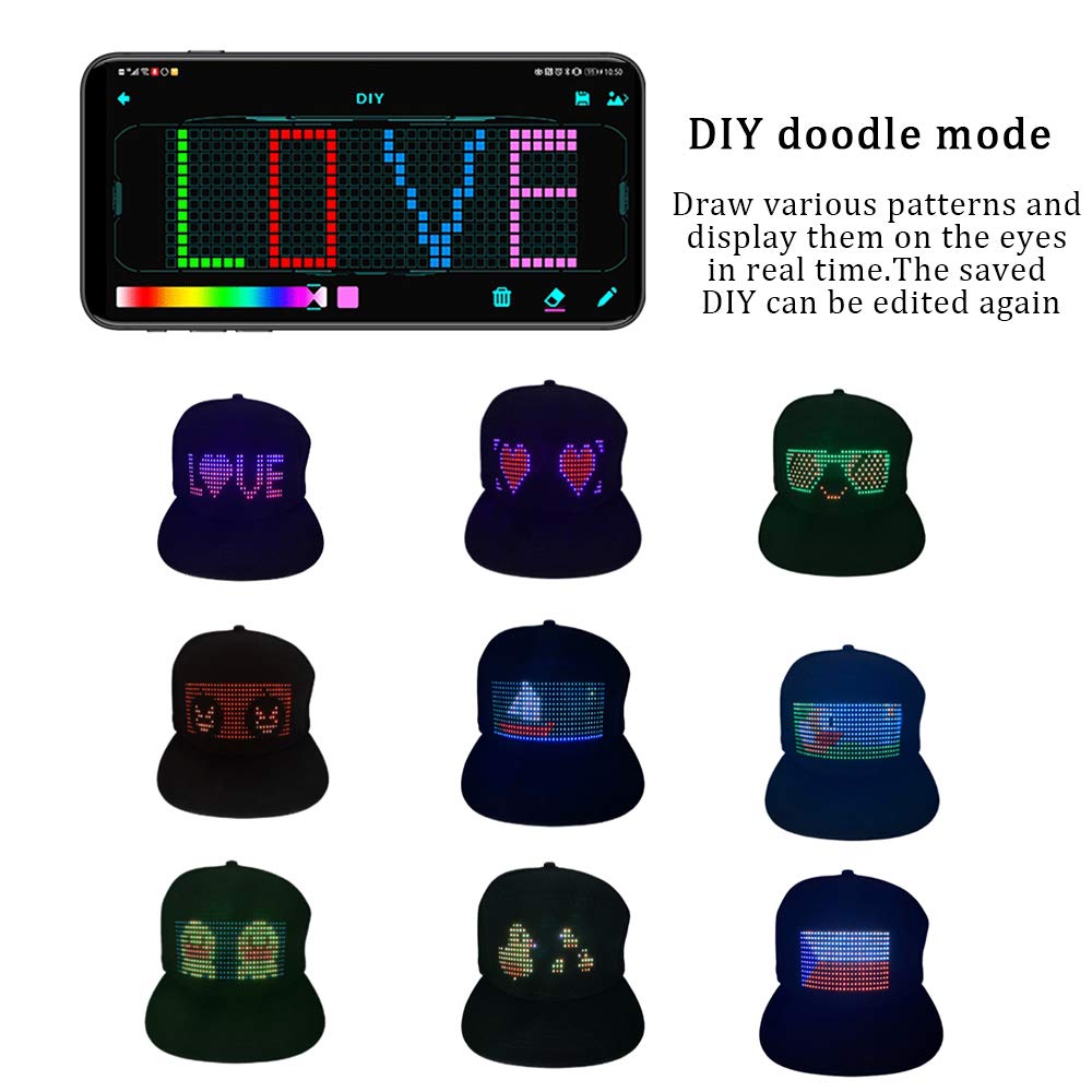 Keledz Multi-Language Bluetooth LED Smart Cap, Customized Bluetooth Hat Mobile APP Control Editing LED Display Hat Led Lamp Word (Text, Music, Image, Drawing) for Party Club Christmas Halloween