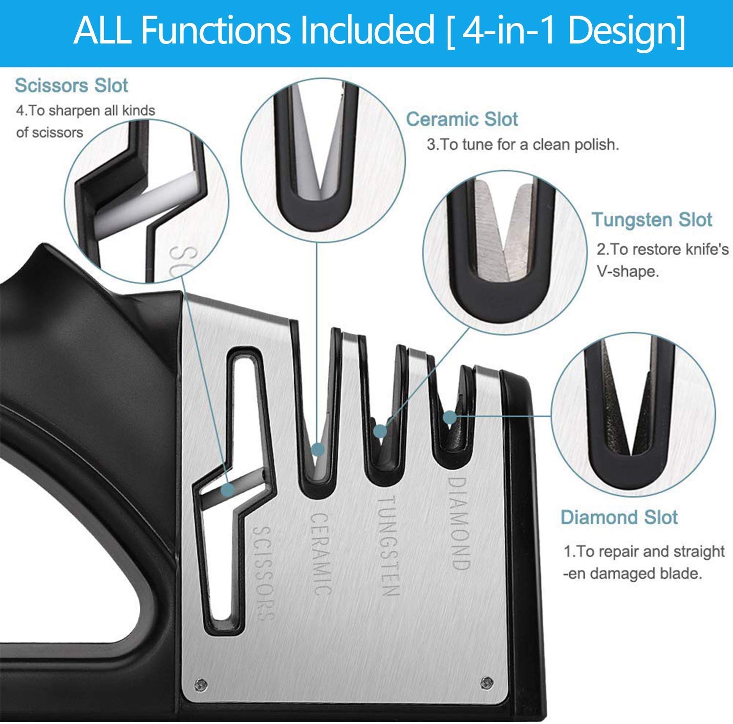Knife Sharpener, 4 in 1 Manual Knives Scissor Sharpener, Professional Kitchen Knife Sharpen Tool with Ceramic,Tungsten Steel, Diamond Sharpening Groove,Safe and Easy To Use(Black)