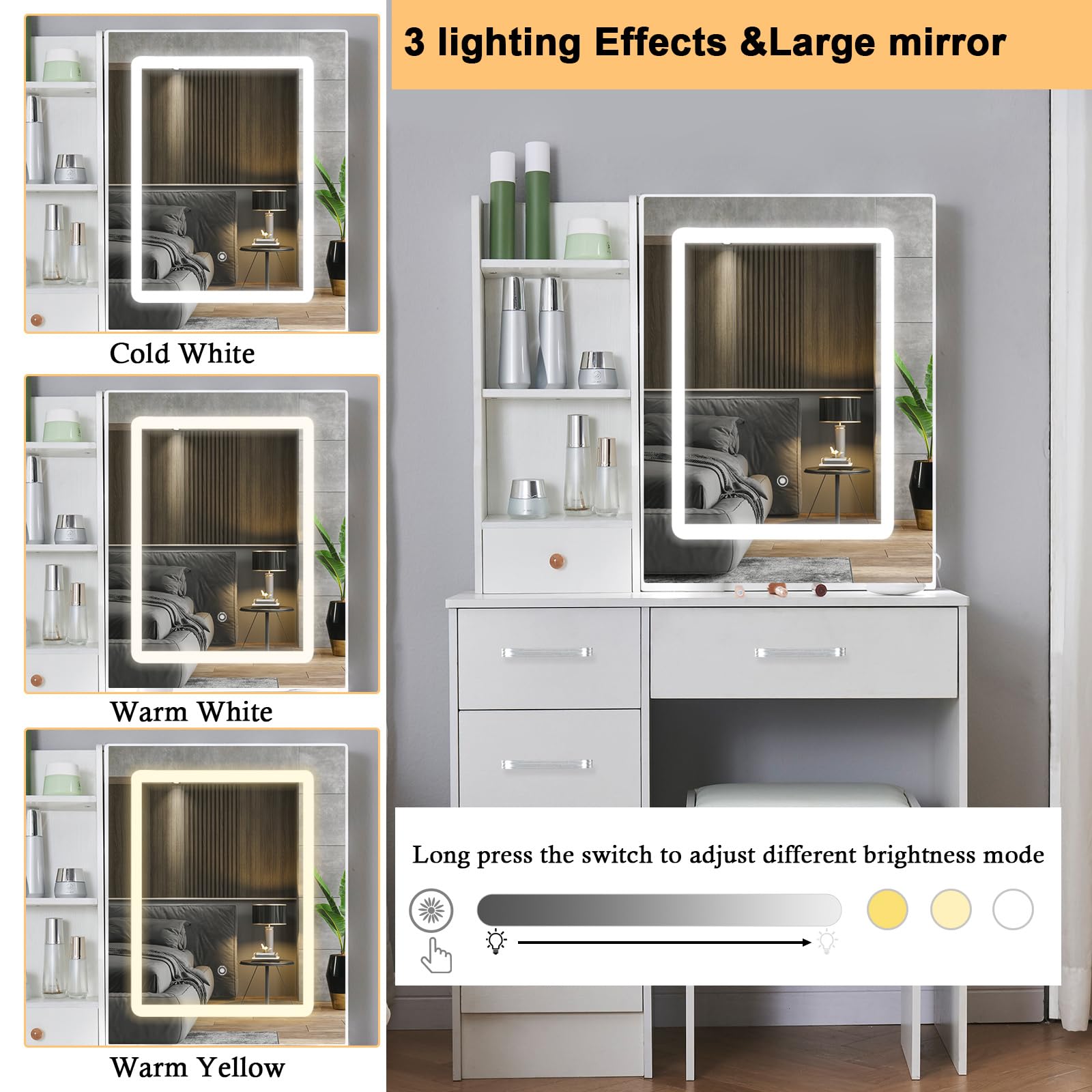 Jarbalai Vanity Desk with Lights, Vanity Table with Lights and Mirror, Makeup Table with 10 LED Lighted Mirror, Dressing Table with 5 Drawers, Makeup Vanity Dresser for Girls Bedroom, White
