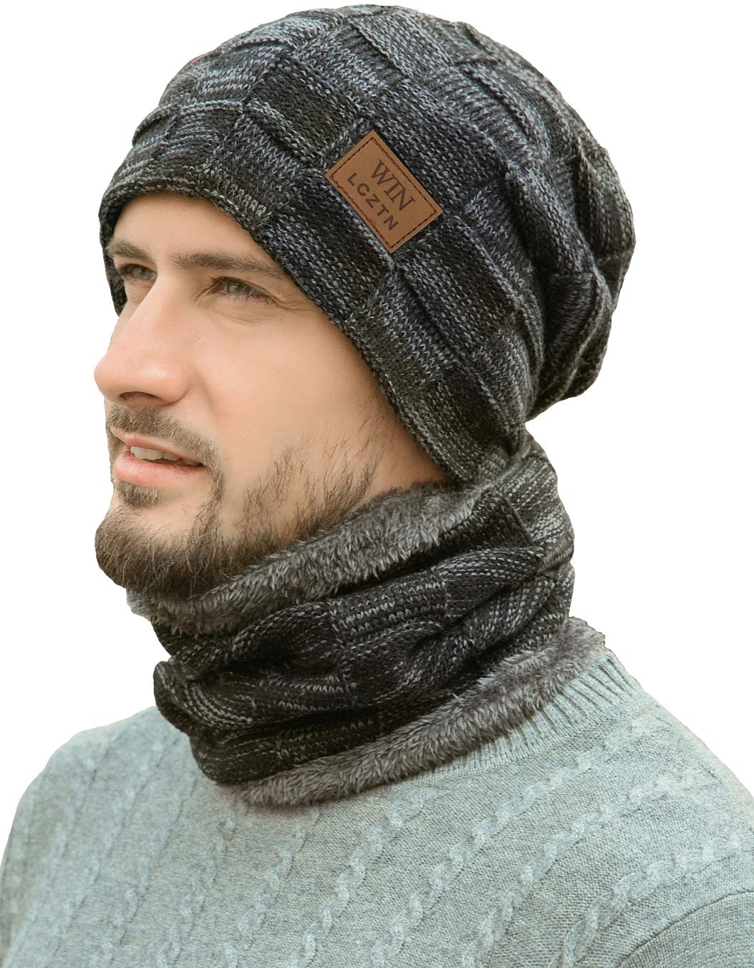 LCZTN Mens Winter Beanie Hat Scarf Set Warm Fleece Lined Knit Ski Hats Slouchy Skull Cap for Unisex Gift (Black)