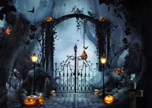 LYCGS 7X5FT Halloween Backdrop Horror Forest Night Halloween Backdrop for Photography Scary Pumpkin Lantern Tombstone Skull Photography Background Costume Ball Halloween Carnival Background X-58