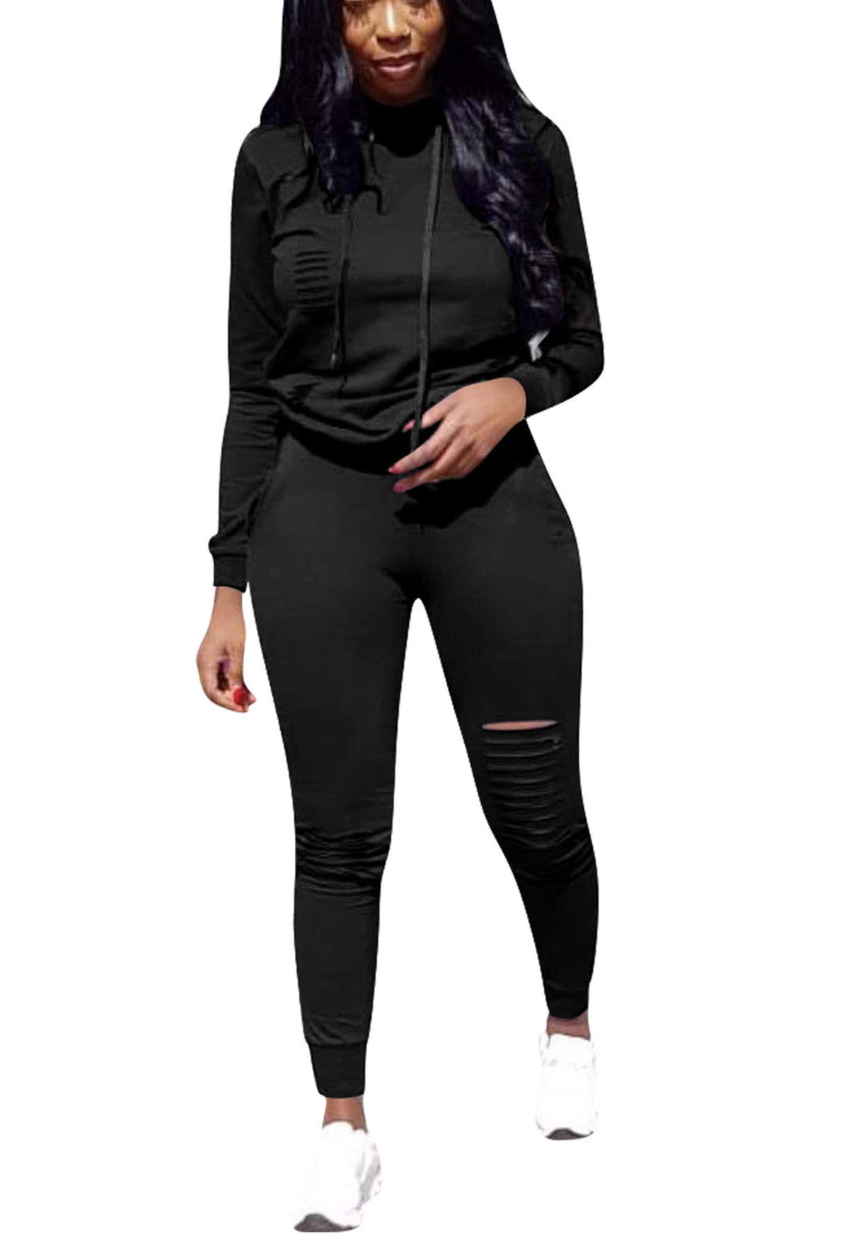 KUBAO Women Hole Pullover Tracksuits Outfits Ripped 2 Piece Jumpsuit Lazy Athletic Activewear Black XL