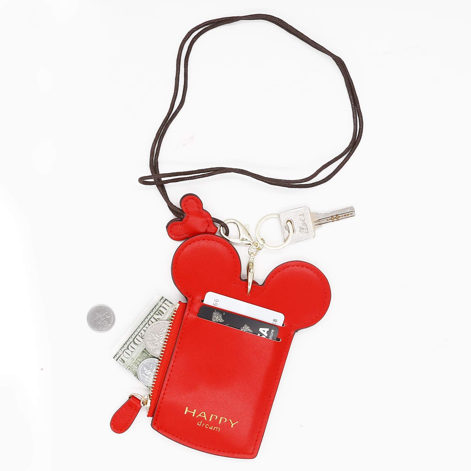 Ondeam ID Holder With Lanyard Badge Holder,PU Leather newchic Cute Animal Shape neck wallet for Women(Pink)