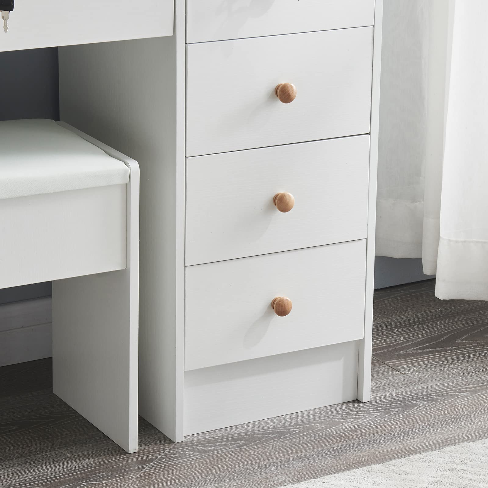 Jarbalai White Modern Makeup Vanity Dressing Table with 10 LED Lights Mirror, Makeup Desk with Charging Station & 5-Drawer Chest, Vanity Set, Vanity Table with Cushioned Stool for Bedroom