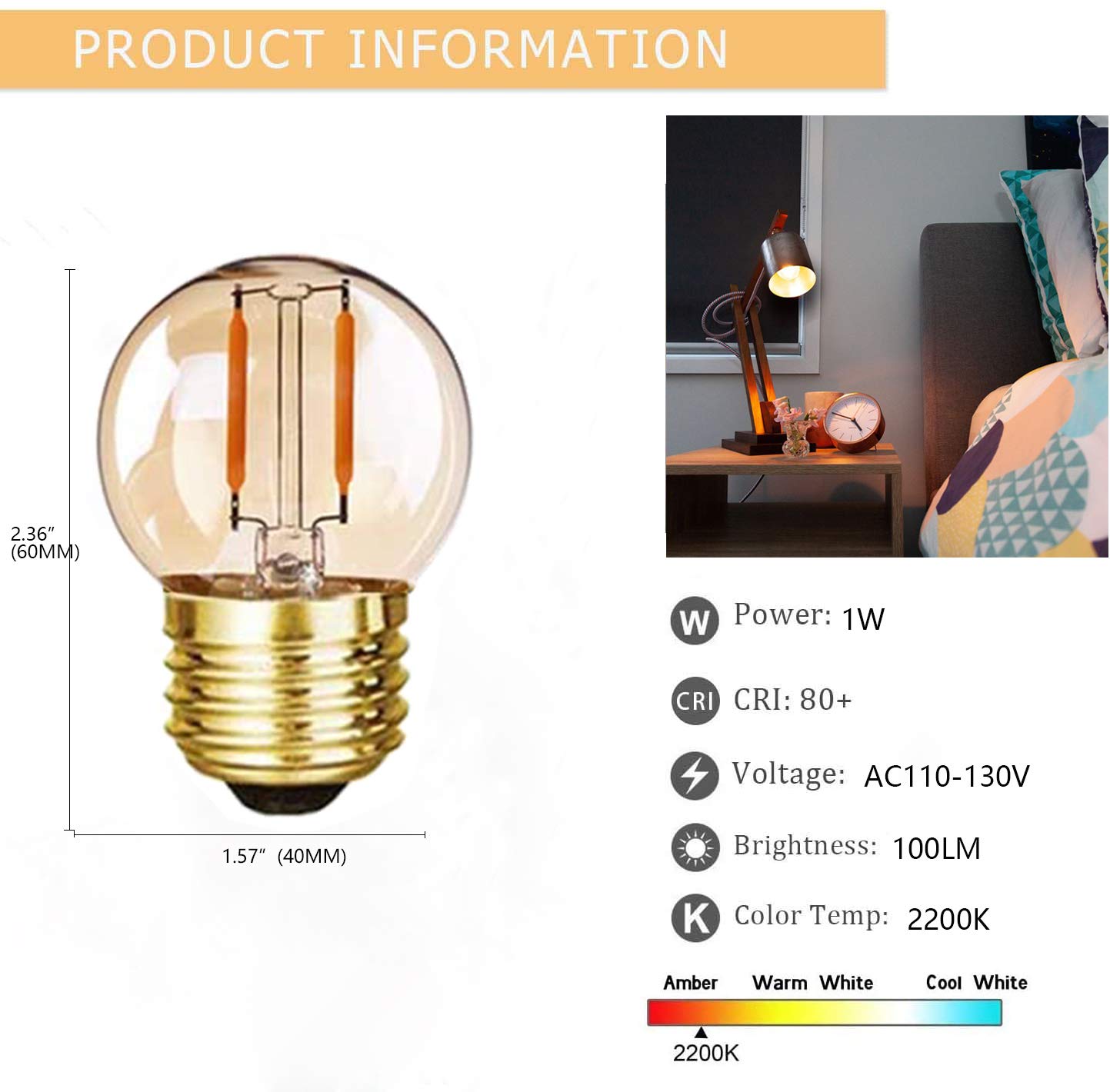 LDCHIUEN G40 G14.5 E26 LED Bulb Amber 1W Low Watt Edison Bulb 10 Watt Warm White 2200K Vintage LED Globe Night Light Bulb for Ceiling Fan, Chandelier, Vanity Light Bulb 6Pack