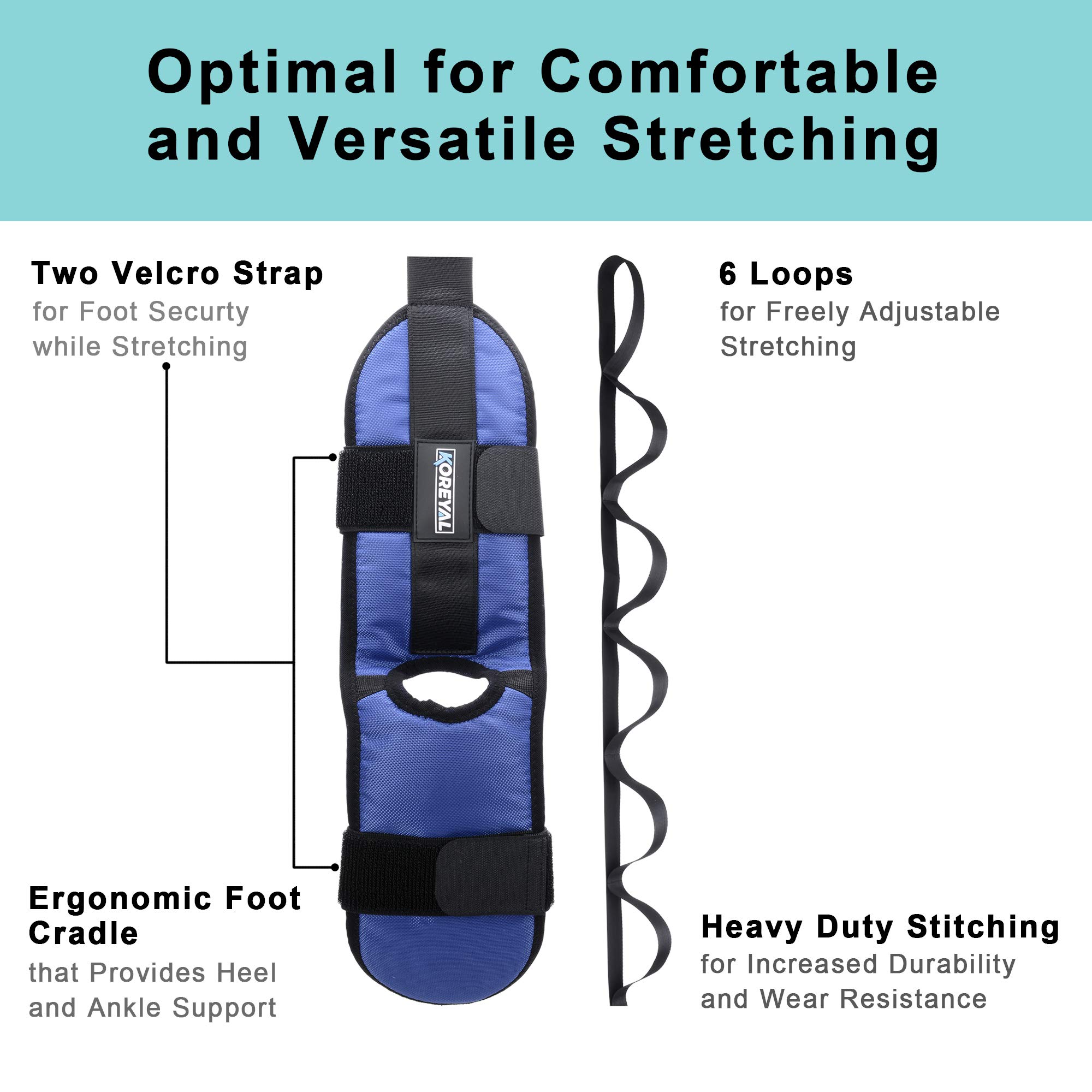 Koreyal Leg Stretcher for Achilles Tendonitis and Plantar Fasciitis Relief, Yoga Stretching Strap Equipment | Calf, Foot, Toe, Ankle, Hamstring Stretching, Blue, Black