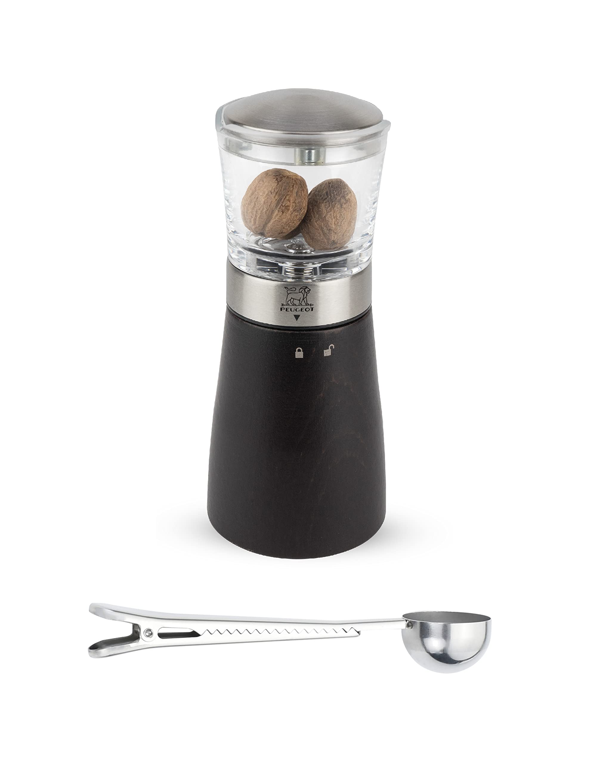 Peugeot - Madras Manual Nutmeg Mill - Spice Grinder - Stainless Steel Gift Set - With Stainless Steel Spice Scoop & Clip (Black Beachwood)