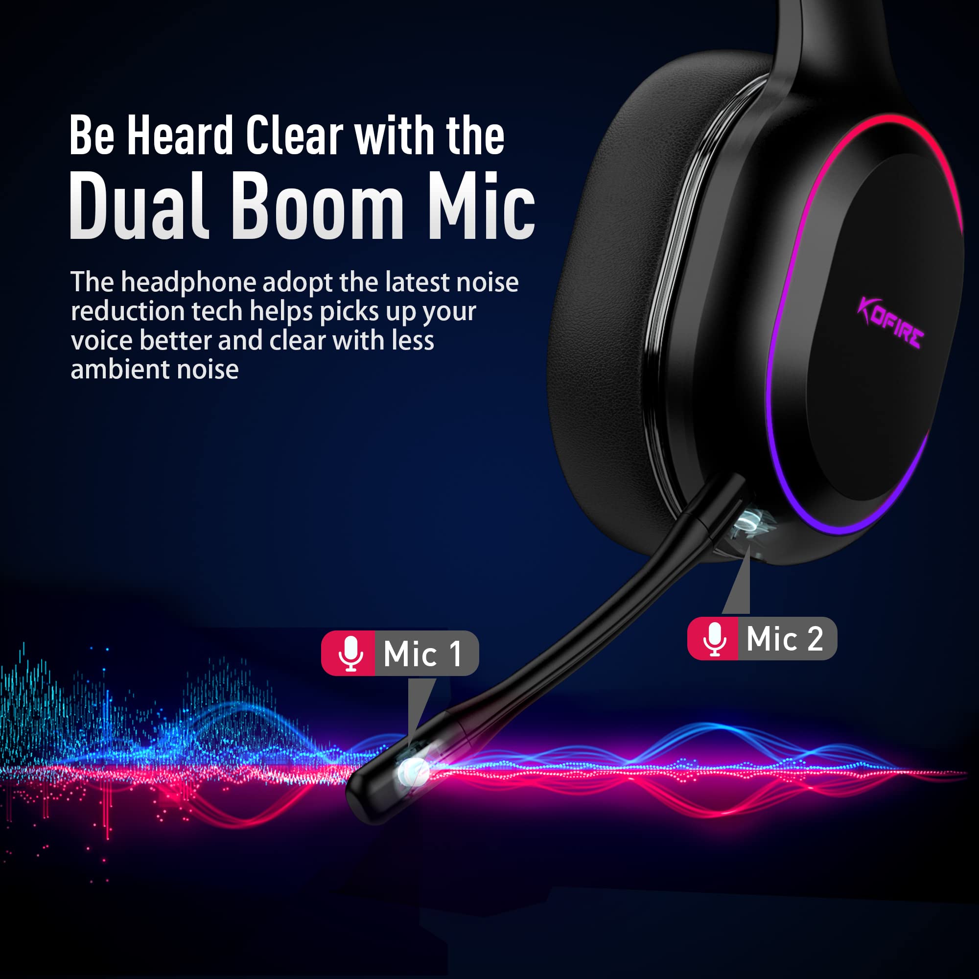 KOFIRE UG-05 2.4GHz Wireless Gaming Headsets for PS4 PS5 PC, Ultra-Low Latency Surrounding Vibration, 30H Playtime Over Ear Bluetooth Headphone with Detachable Mic V5.0 Adapter RGB Light