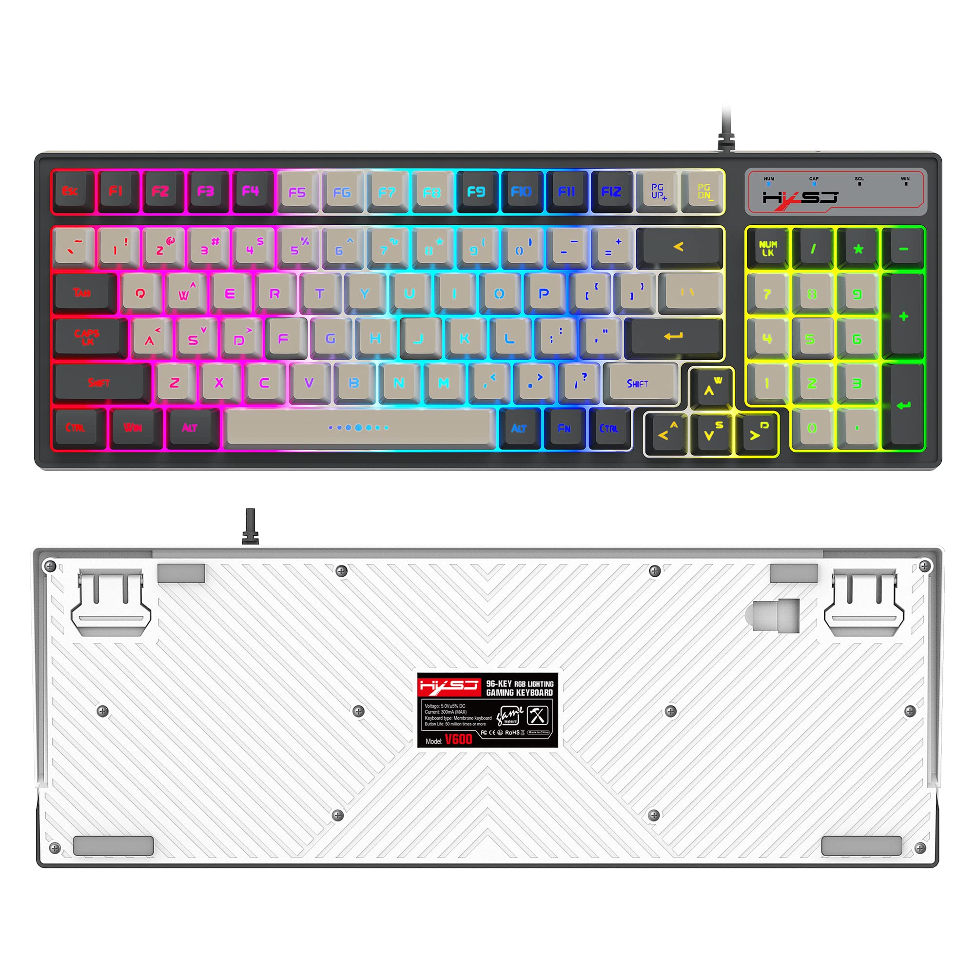 MANBASNAKE Gaming Keyboard,RGB LED Backlit,Multimedia Keys,Mechanical Feeling,Waterproof Compact 96 Keys,Silent USB Membrane Keyboard for Desktop,Computer,PC(Grey/White)