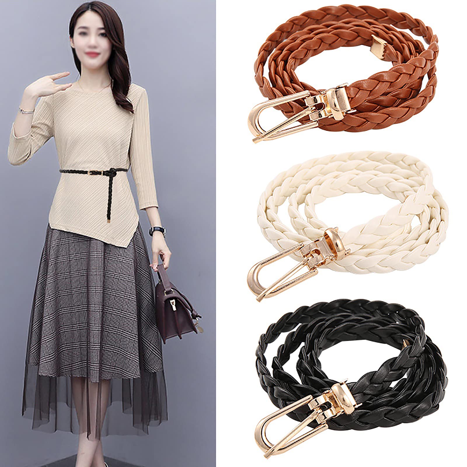 LARATH Women's Braided Leather Thin Belt Skinny Woven Waist Belts with Metal Buckle