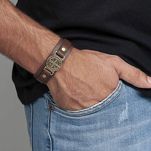 Intercession St Benedict Genuine Leather Protection Bracelet - Made in Brazil (Large - Brown)