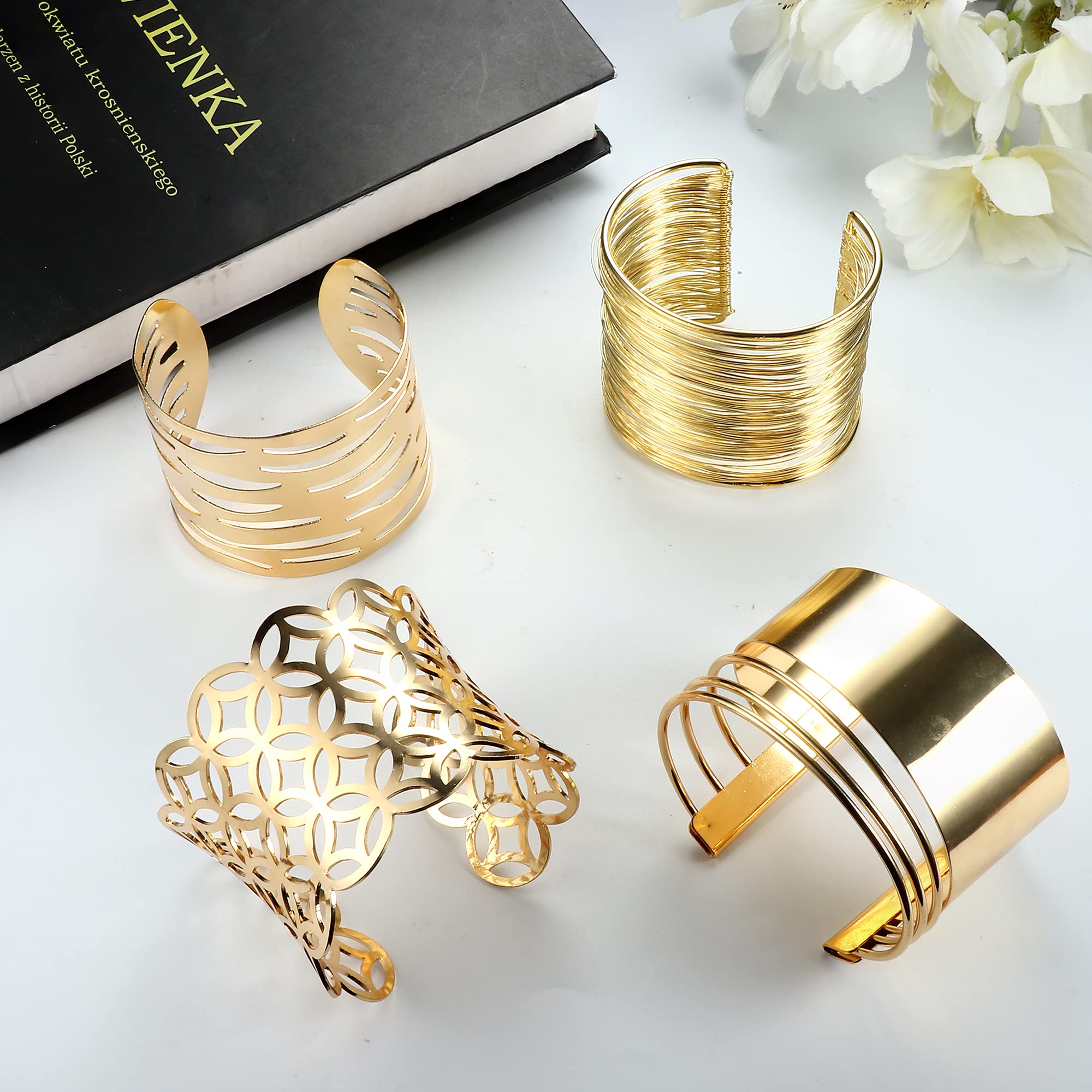JOERICA 4PCS Gold Cuff Bracelets for Women Open Cuff Wide Wire Bracelets Adjustable Wrist Wrap Bracelet Set