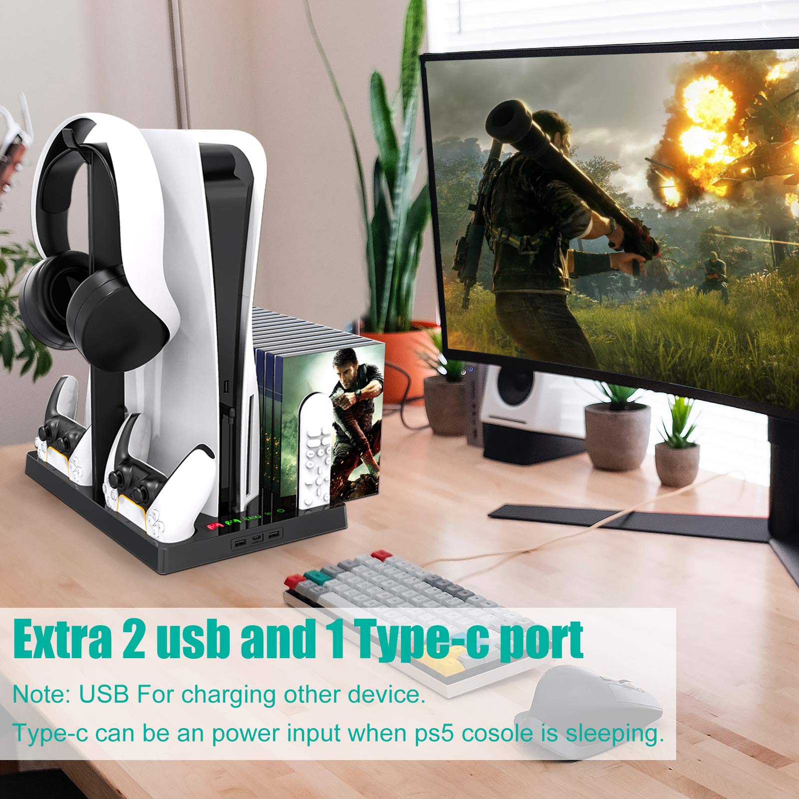 Linkstyle PS5 Vertical Stand with Cooling fan Dual PS5 Controller Charging Station Dock Led Indicator, 15 Game Storage, and Headset Holder for PS5 Console PS5 Digital Edition Console accessories