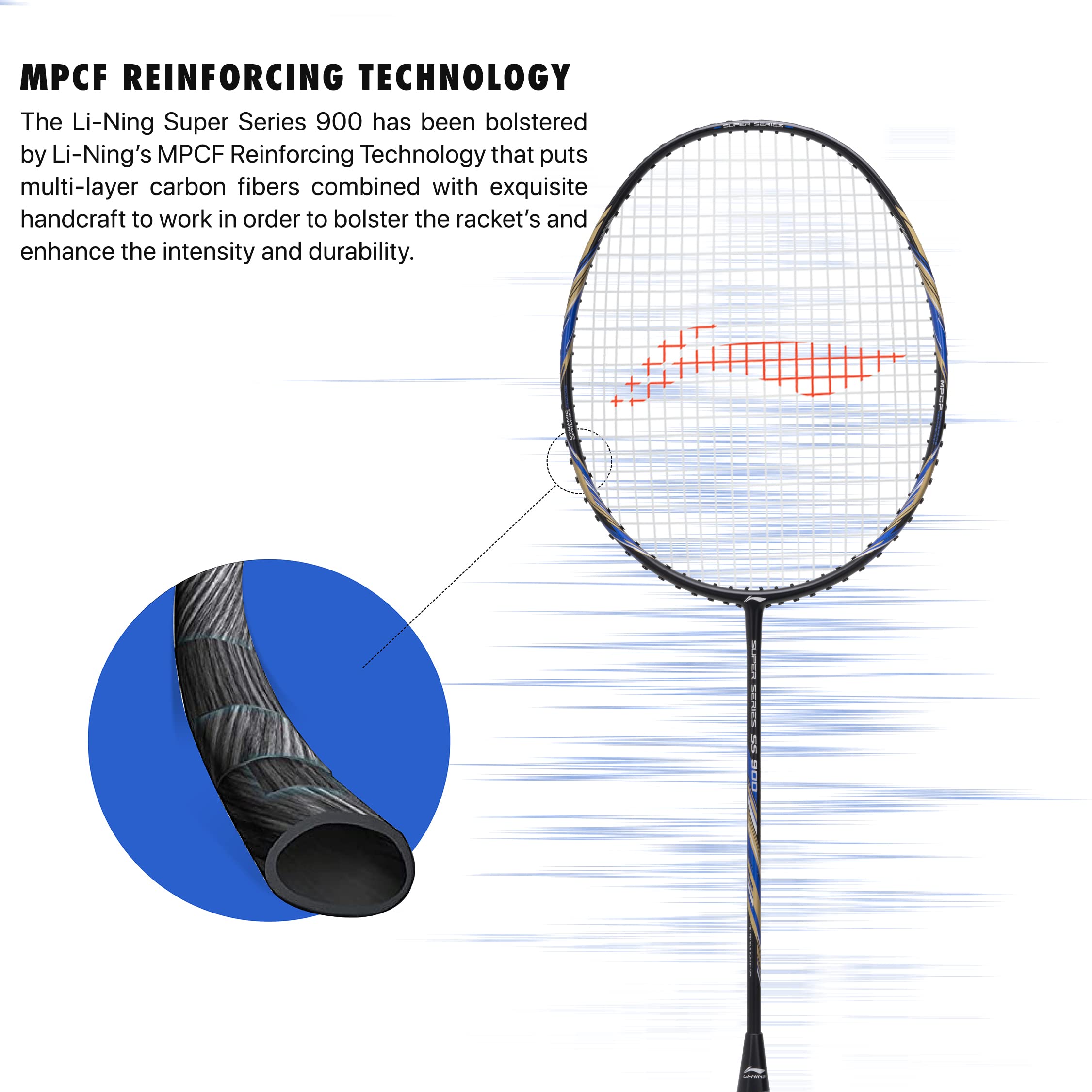 Li-Ning Carbon Fibre Super Series 900 Strung Badminton Racket with Full Cover (84 Grams, Black/Blue)