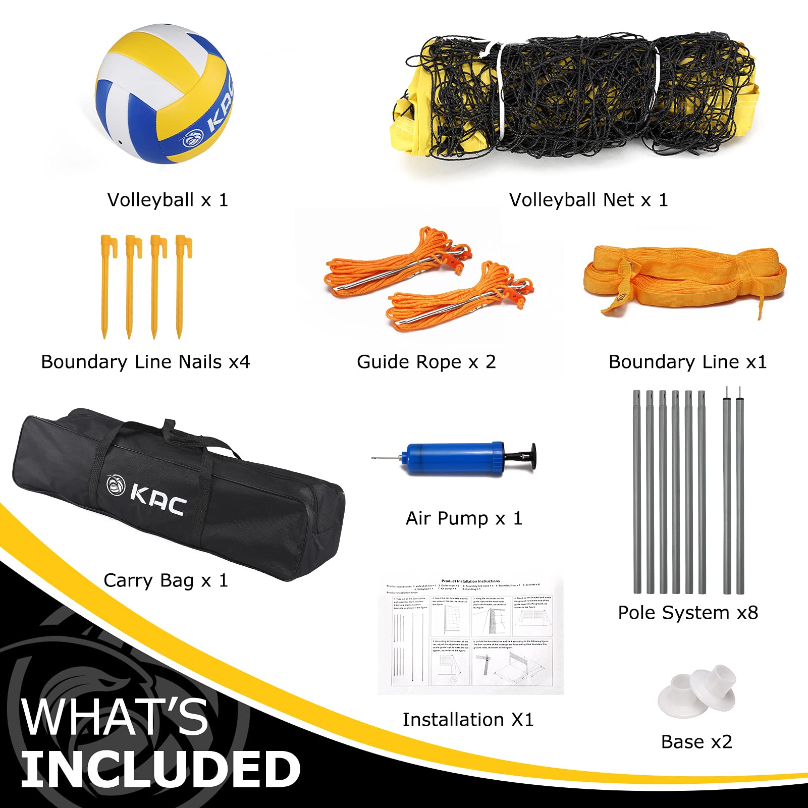 KAC Portable Volleyball Sets, Outdoor Volleyball Net System for Outdoor Beach Backyard, FIVB Nets Standard with Height Adjustable Aluminum Poles