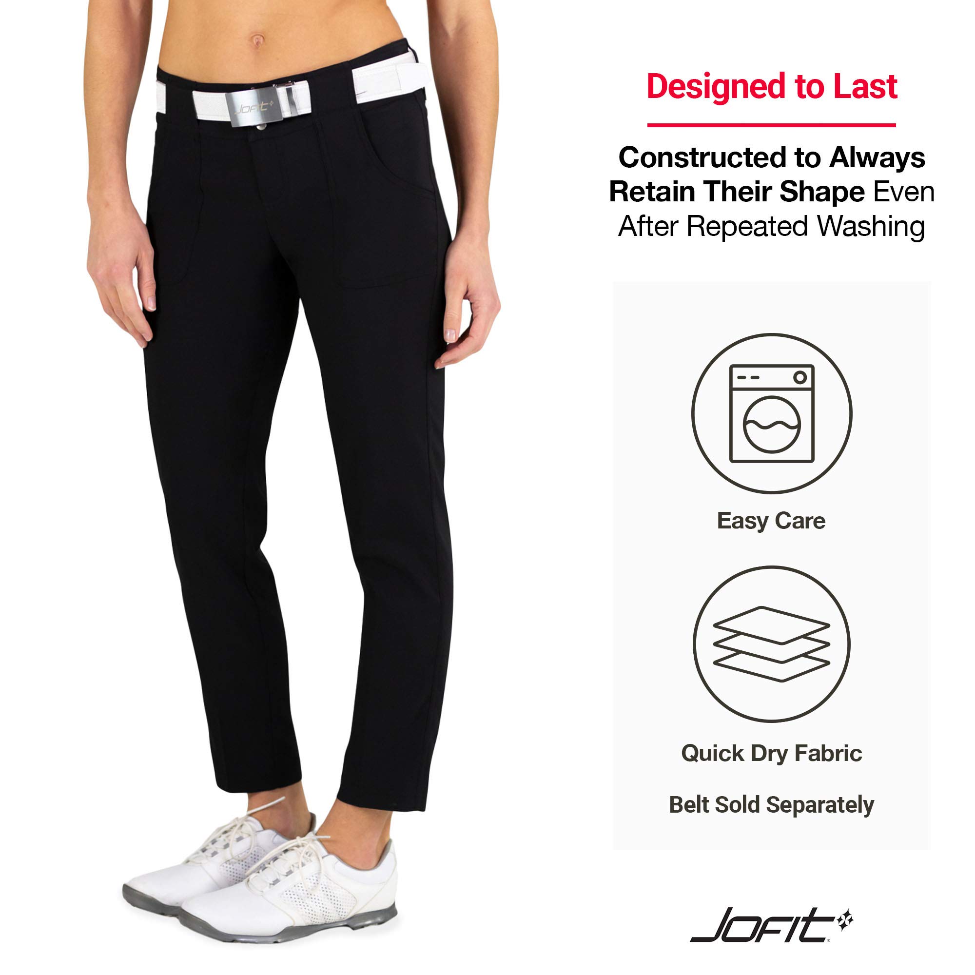 Jofit Apparel Women’s Athletic Clothing Belted Cropped Ankle Pant for Golf & Tennis, Size 12, Black