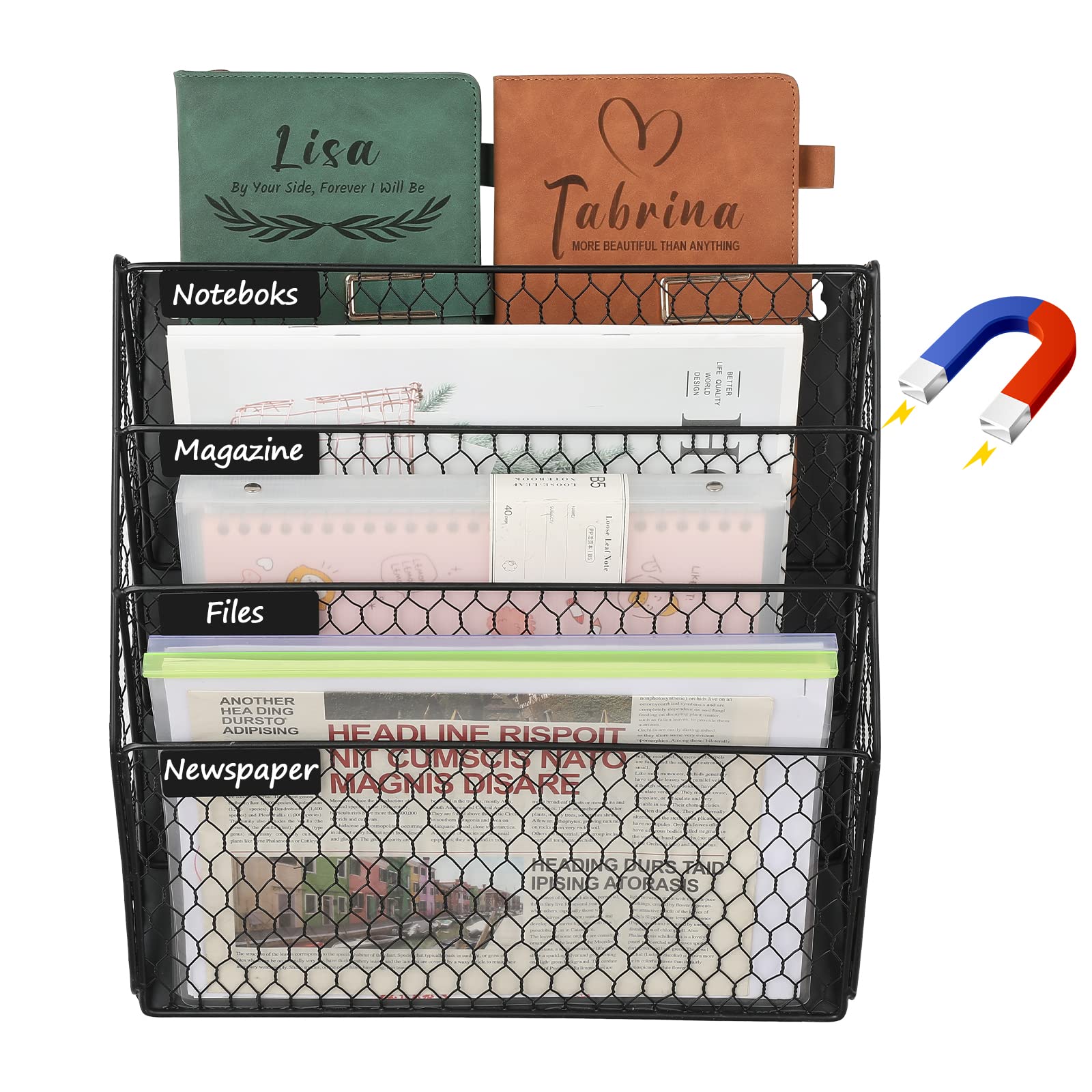 Magnetic File Holder for File Cabinets 4-Tier Strongest Magnetic File Folder Holds 26Lbs (12kg) Magnetic File Organizer 13.7" Wider Mesh Magnetic File Mail Organizer For Refrigerator Whiteboard(Black)