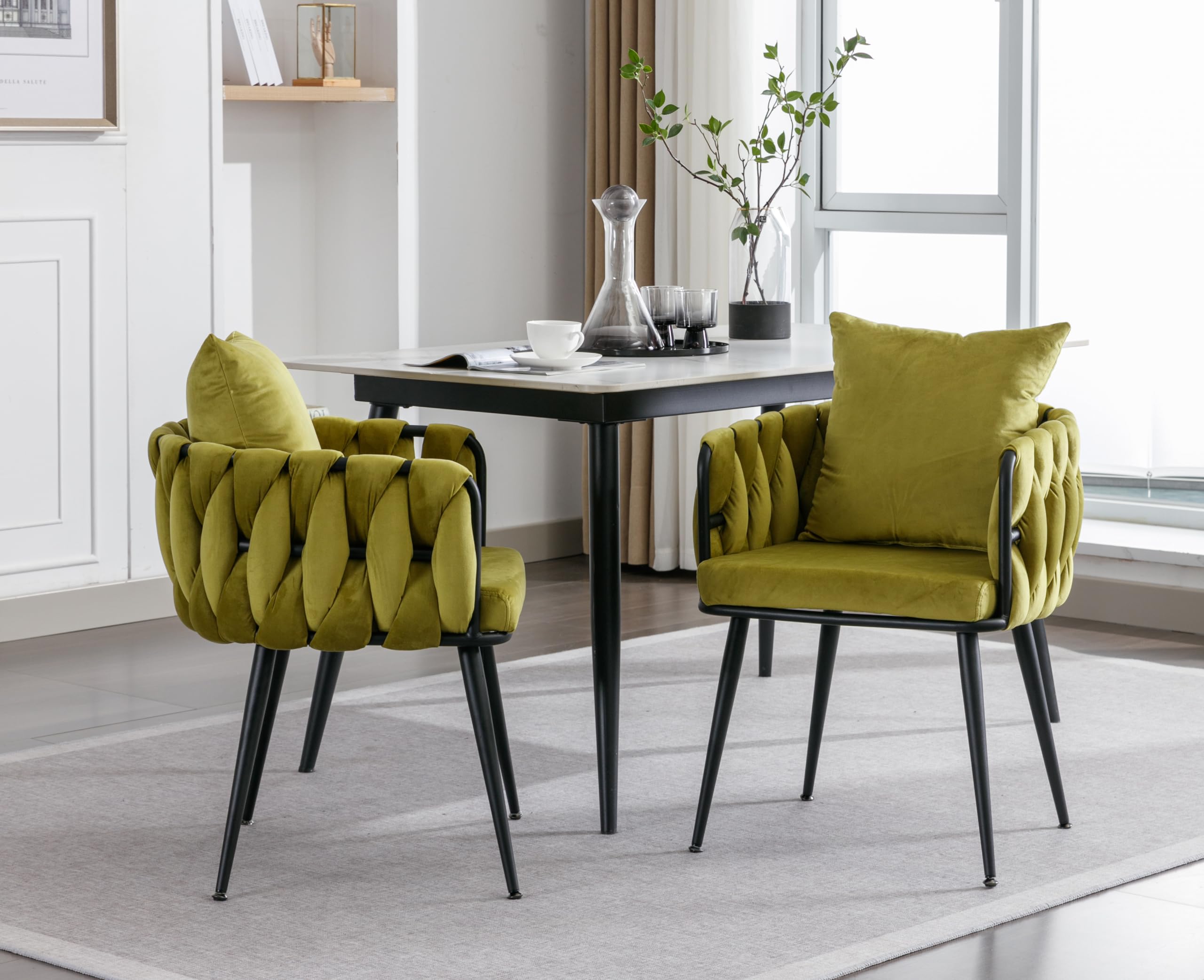 INMOZATA Mid Century Modern Dining Chairs Set of 2, Hand Weaving Accent Chairs Living Room Chairs, Upholstered Velvet Armchair with Metal Legs for Dining Room Kitchen Living Room Vanity,Olive Green