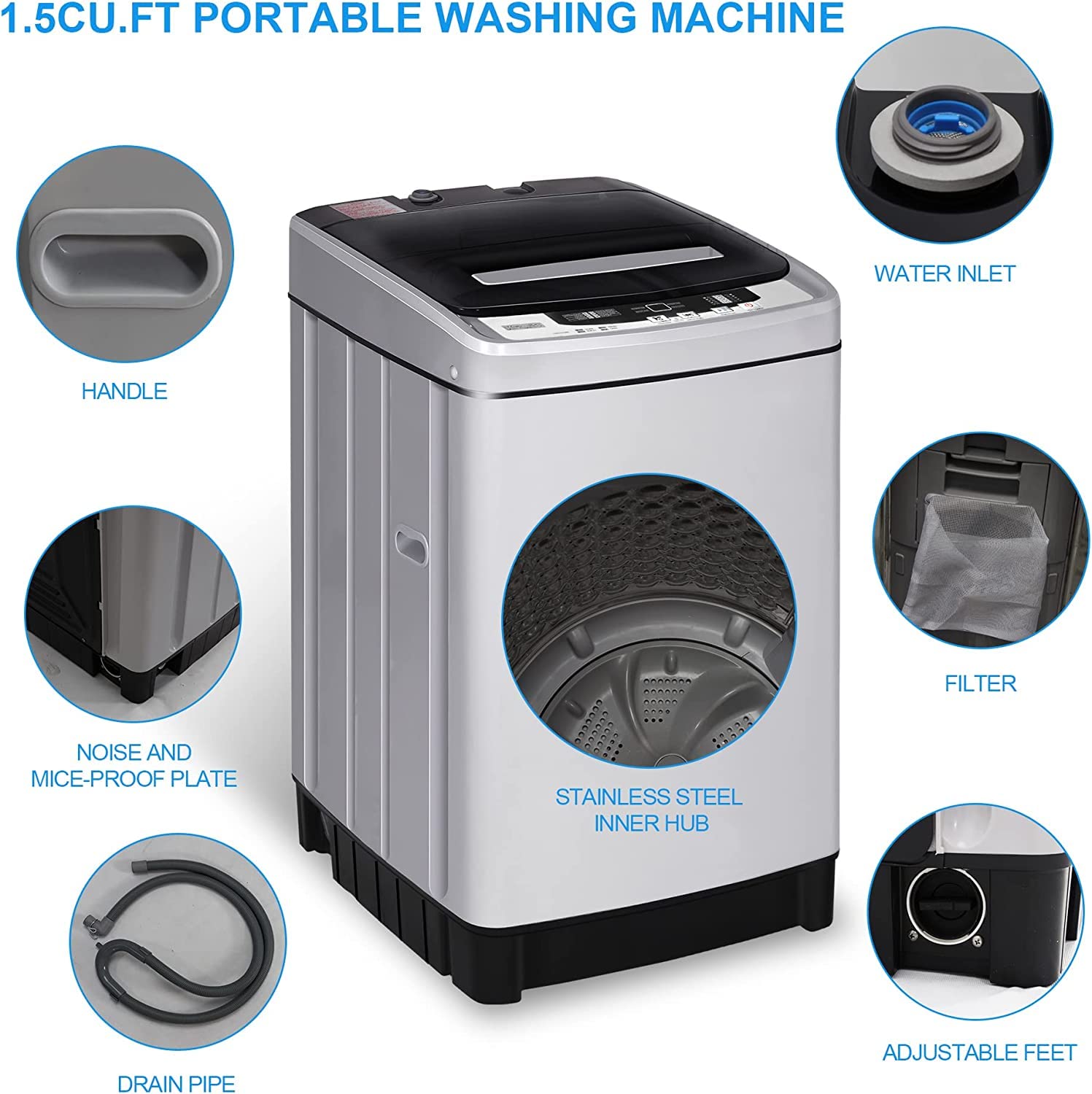 KUMIO 1.5 Cu.ft Washing Machine, 11Lbs Automatic Portable Washer with 8 Wash Programs 10 Water Levels, LED Display, Built-in Drain Pump, Compact Washing Machine for Apartment RV Dorm, Grey