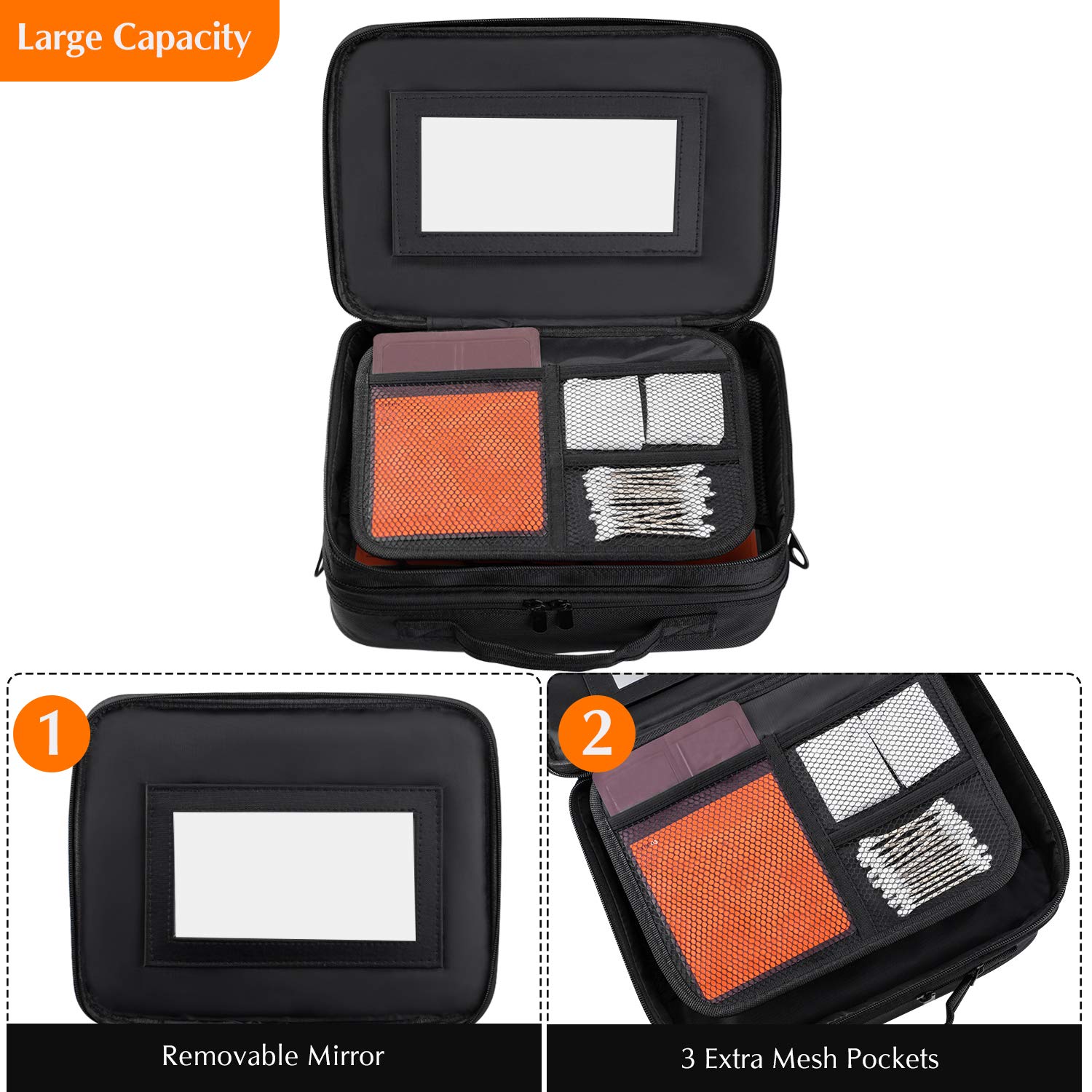 Kootek Large Travel Makeup Bag 3-Layer Cosmetic Train Case Portable Toiletry Organizer with Mirror Removable Dividers Shoulder Strap for Makeup Tools Brushes Jewelry Digital Accessories