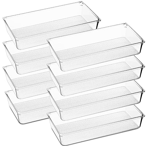 Unittype 8 Pcs Clear Plastic Drawer Organizer Tray Dresser Desk Drawer Dividers Refrigerator Organizer Bins Clear Organizing Bins Kitchen Utensil Organizer for Makeup Kitchen (12 x 6 x 2 Inch)